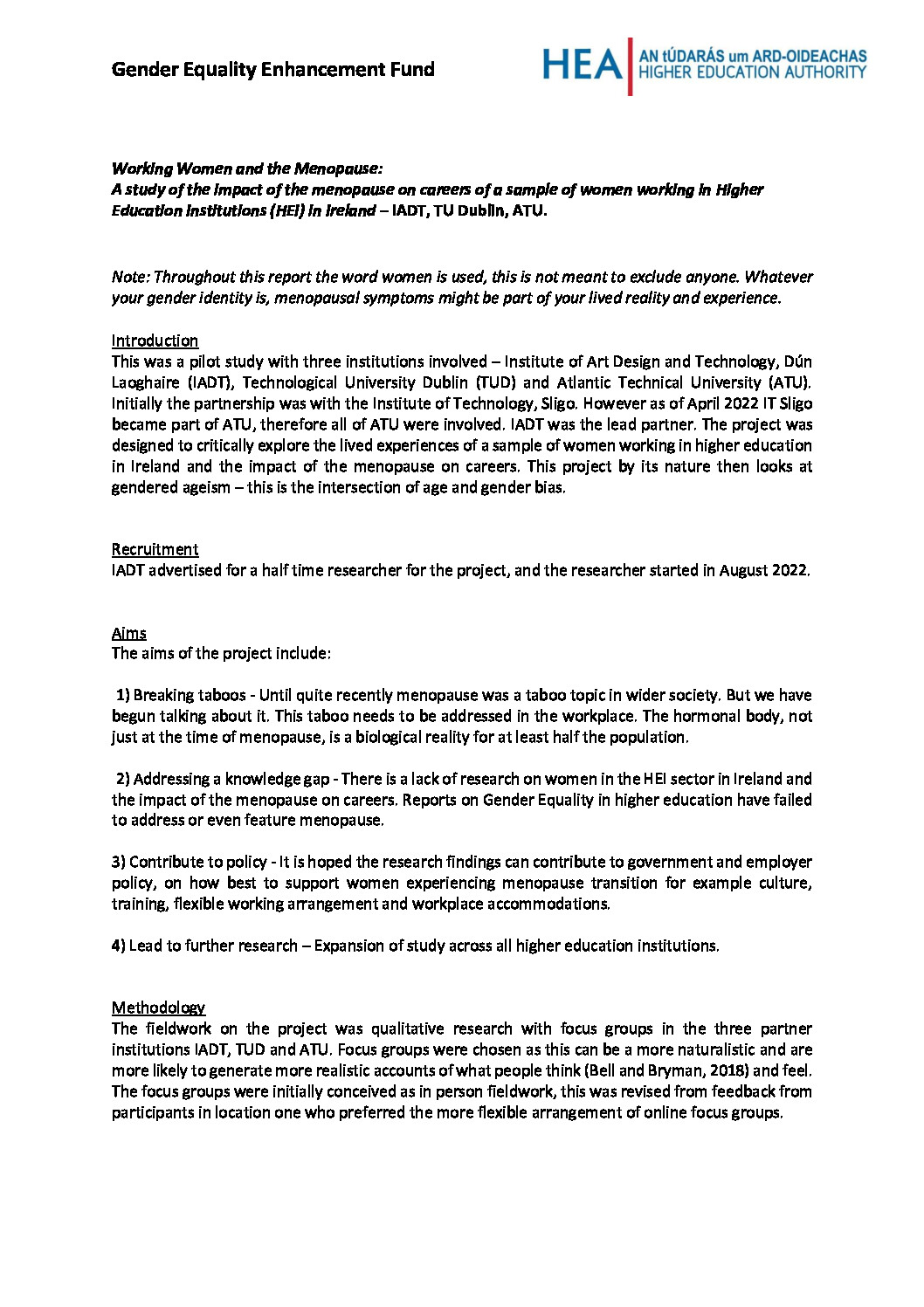 IADT Menopause Project FINAL REPORT | Higher Education Authority